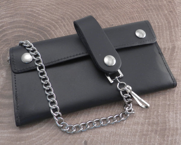 Black Leather Trifold Wallet with Chain Extra Long | AMiGAZ Attitude ...